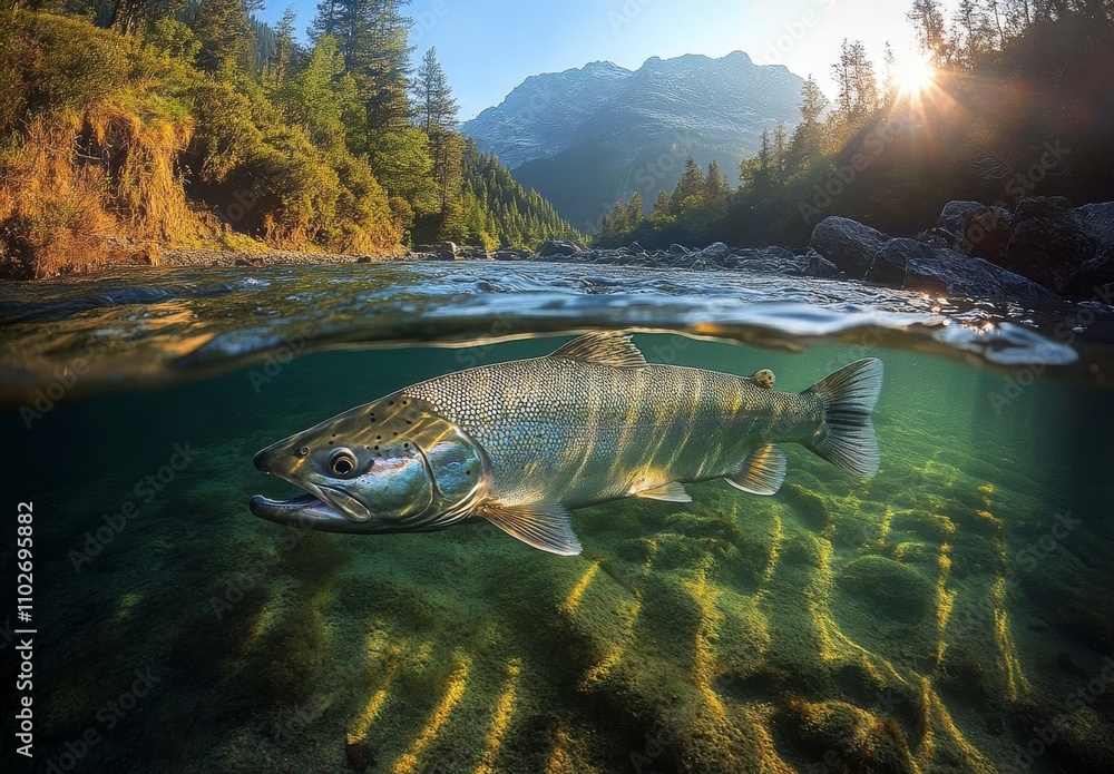 Large Silver Fish Swimming in Clear Shallow River with Mountain ...