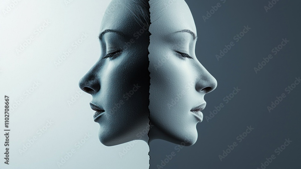 Change mind represented by two faces, one turning away from the other ...