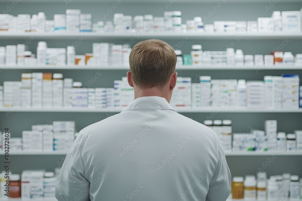 Pharmacist Organizing Medications in Pharmacy with Rows of Medication ...