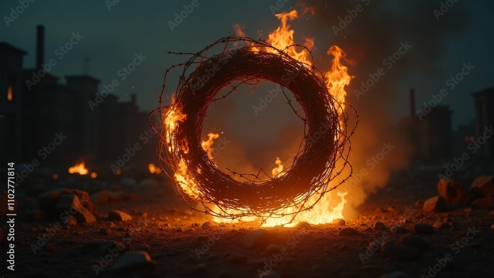 A Christmas tree made of rubble rises in a destroyed city. Bullet ...
