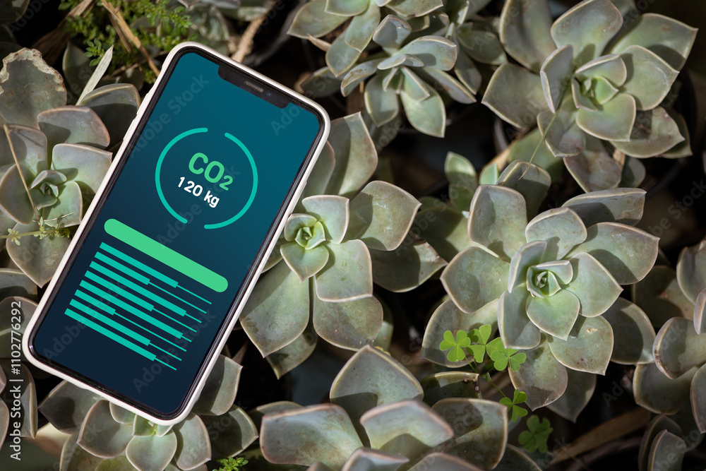 A smartphone displaying CO2 emission data (120 kg) rests on a bed of ...