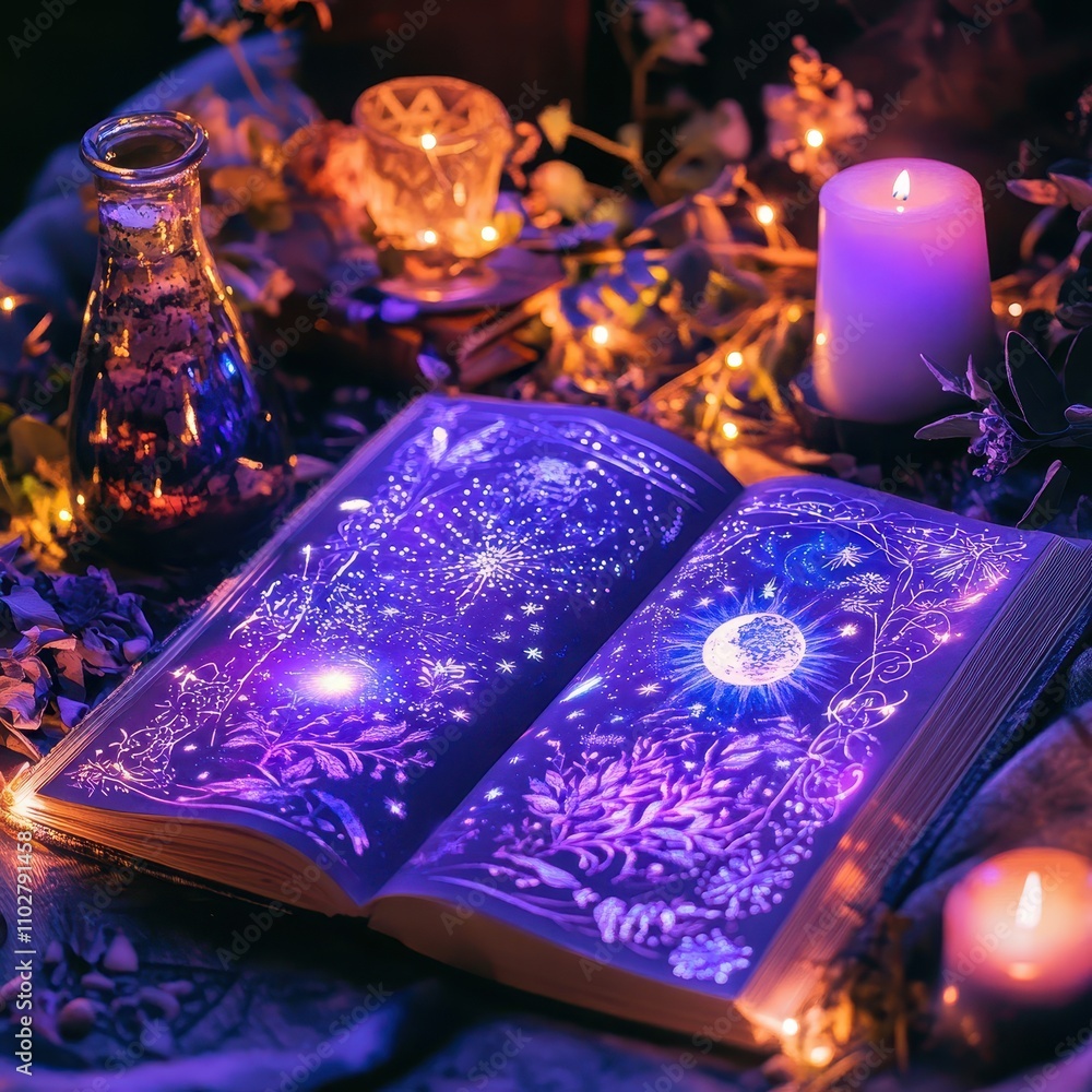 Beginner-friendly Wicca guides, holographic pages glowing with herbal ...