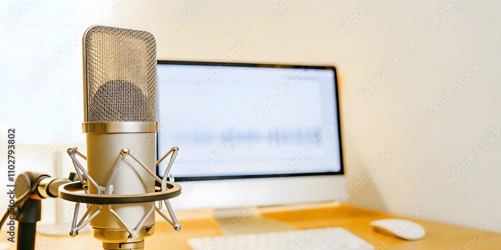 Microphone on the table, silver condenser with pop filter awaits use in ...