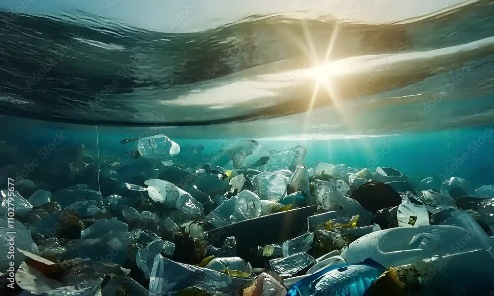 An underwater scene depicting a vast expanse of plastic waste beneath ...