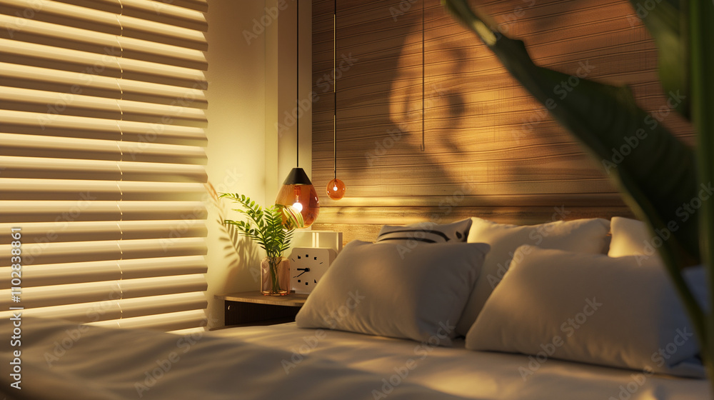 Serene bedroom with cozy bed, soft pillows, and dim lighting ...