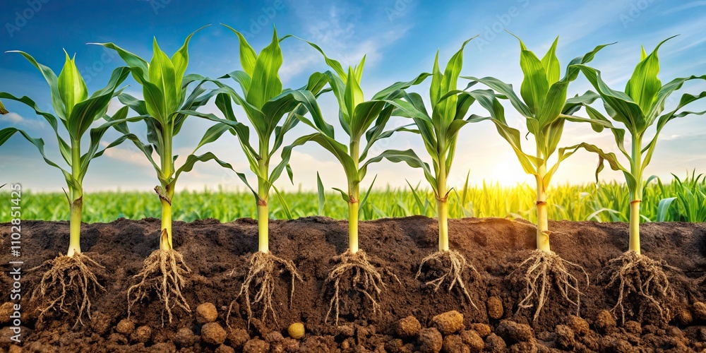 Maize corn growing in soil, side view with exposed roots, illustrating ...