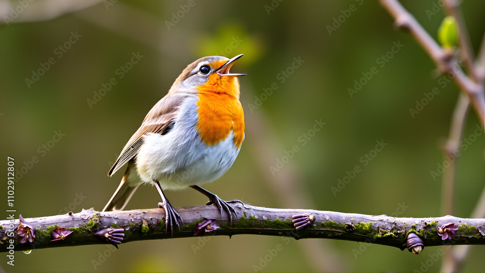 European Robin singing in a garden in springtime. National bird of UK ...
