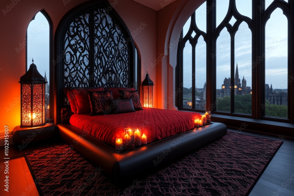 A mysterious gothic bedroom featuring a four-poster bed with intricate ...