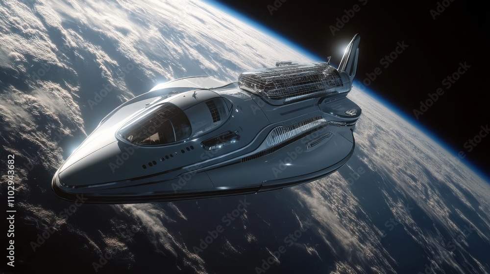 A space tourism shuttle approaching a luxurious space hotel orbiting ...