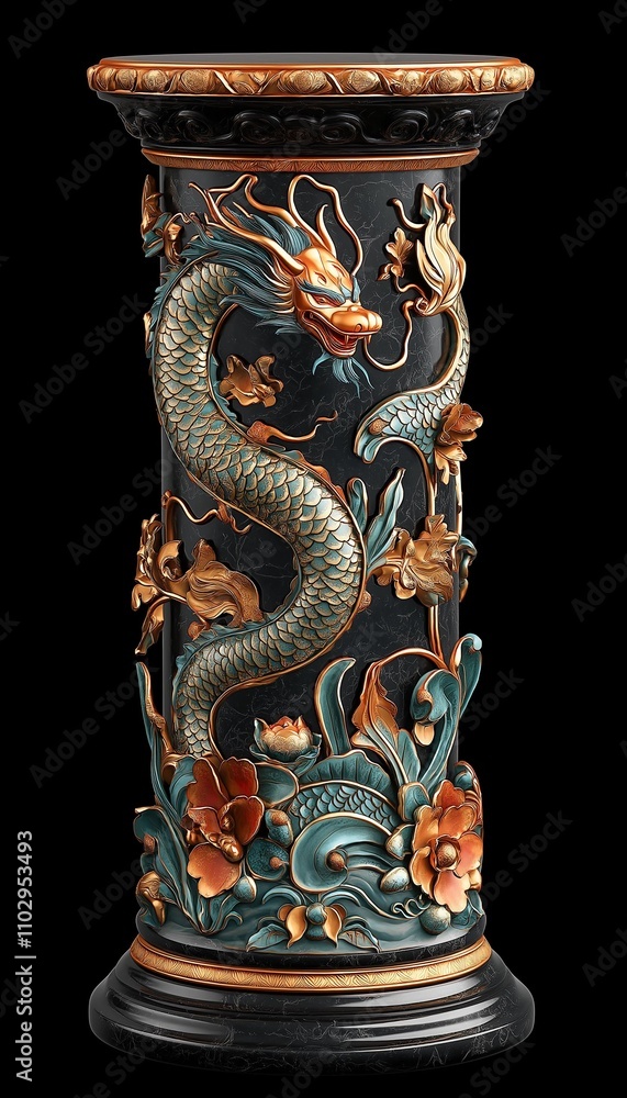 AI generator images of Long pillar with dragon elements, gold and rock ...