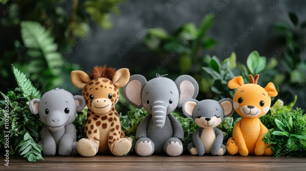 plush soft toy of wild animals in a row on tropical forest background ...