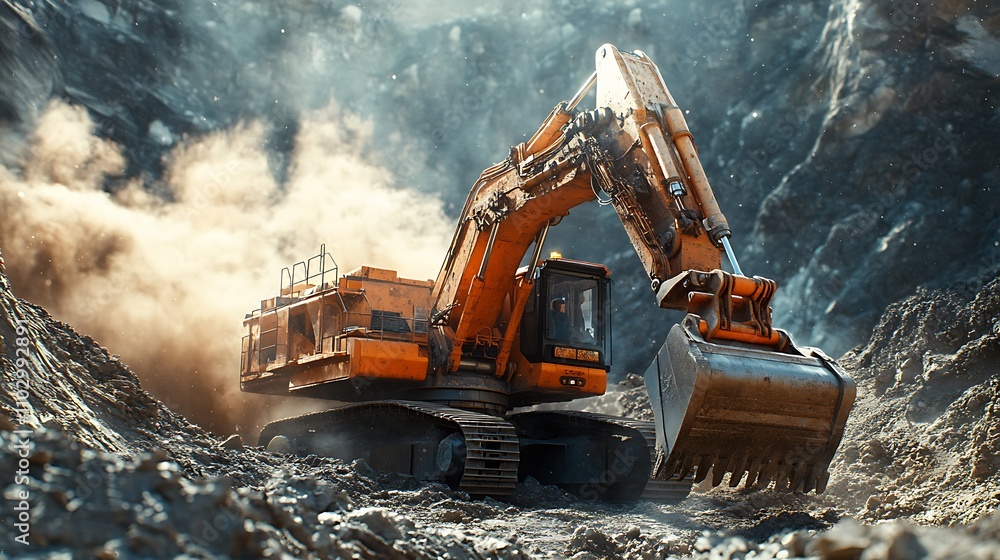 Side view of a powerful excavator scooping up dirt, dust billowing ...