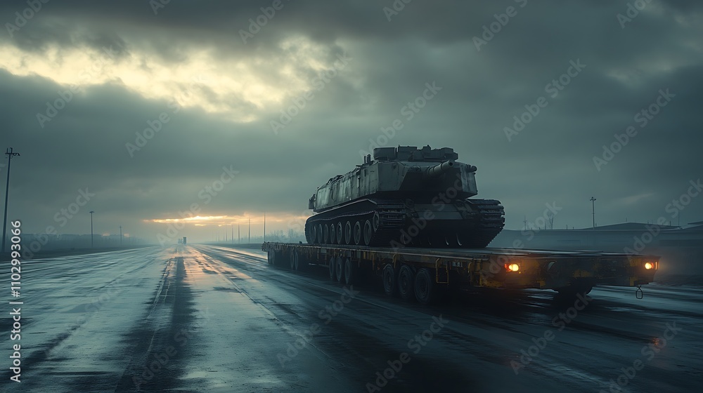 Tank transporter driving along a military runway, tank securely ...