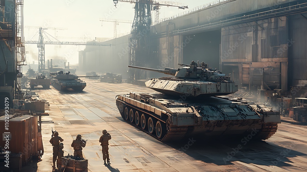 Tank transporter driving through a military base, loaded with a heavy ...