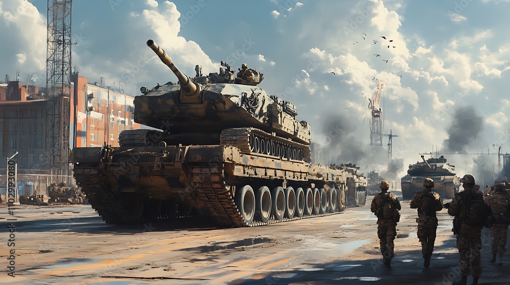 Tank transporter driving through a military base, loaded with a heavy ...
