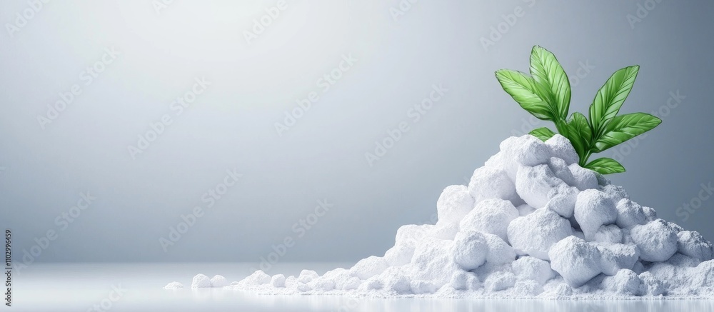 Silicon tetrasilicate SiI4 with green leaves on white pile in a ...