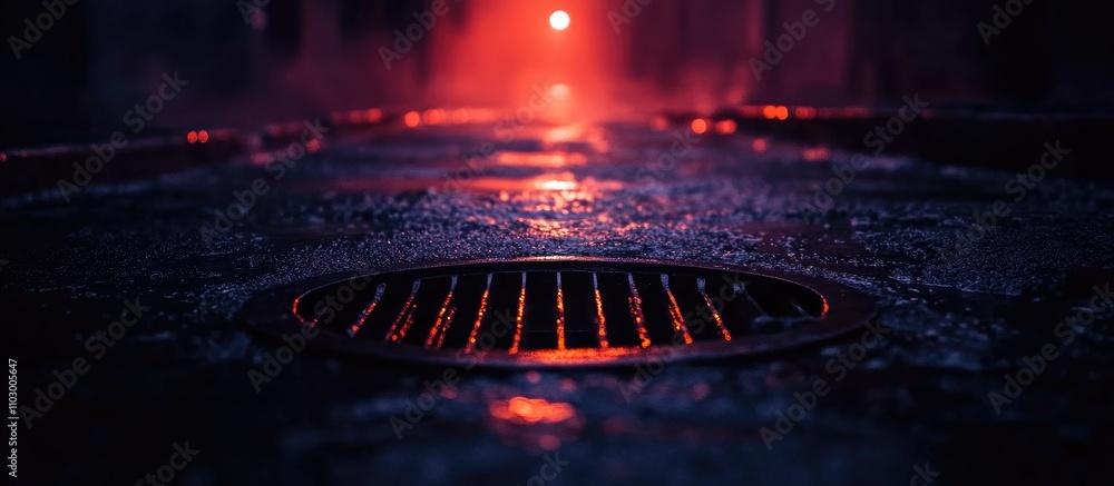 Urban stormwater drain on a wet street illuminated by red light ...