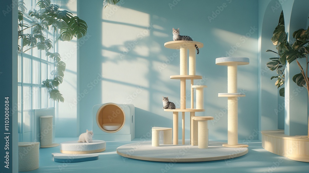 108.A stylish 3D-rendered cat room with light blue walls, featuring a ...