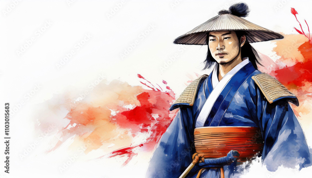 Japanese samurai, wearing a blue and red kimono with armor accents. The ...