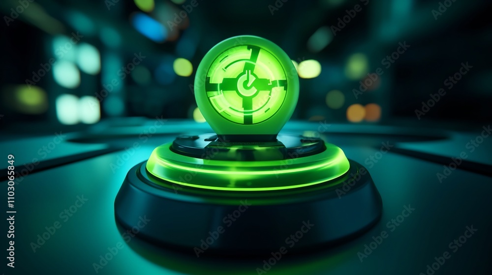 Vibrant Cartoon of a Colorful Glowing Green Nuclear Power Button on a ...