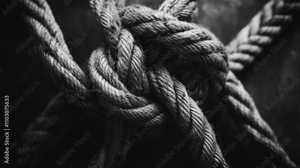 Intertwined ropes in a close-up, showcasing intricate knots that ...