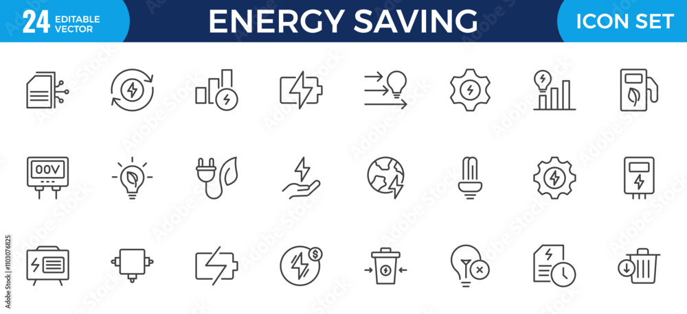 Energy Saving outline icon set with conservation, reduce waste ...