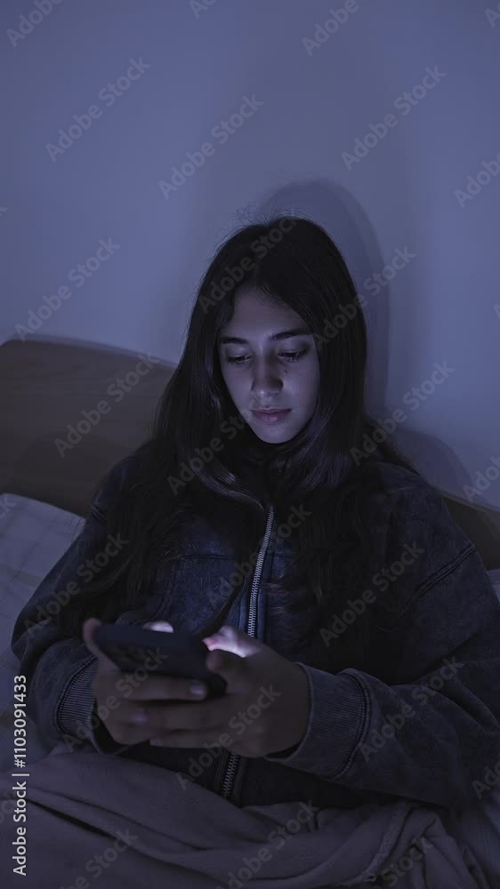 4k Vertical Video Of Teenage Girl Using A Smartphone Lying In Bed Late