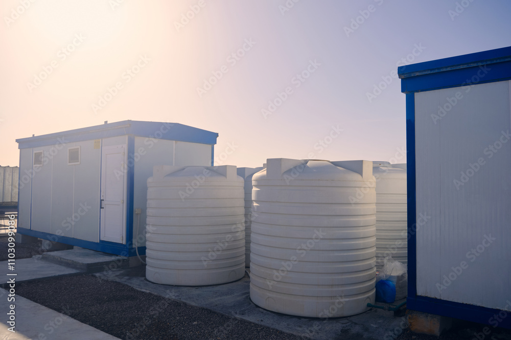 White plastic water tanks stands next to prefabricated industrial ...