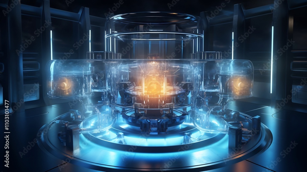Futuristic concept design of a nuclear fusion power generator with glowing plasma chambers ...