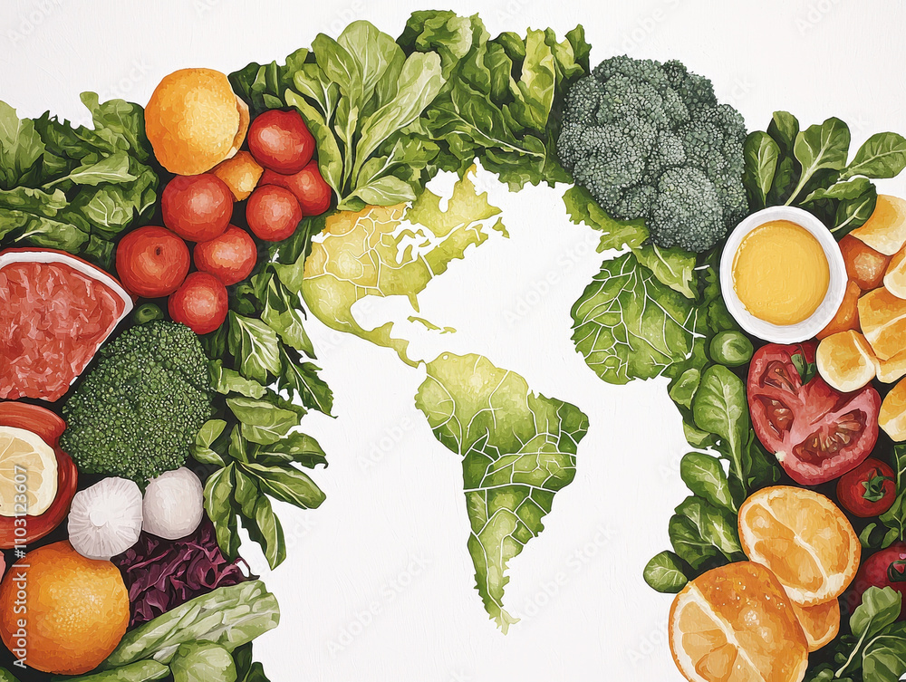 Vibrant map of world made from fresh vegetables and fruits, showcasing ...