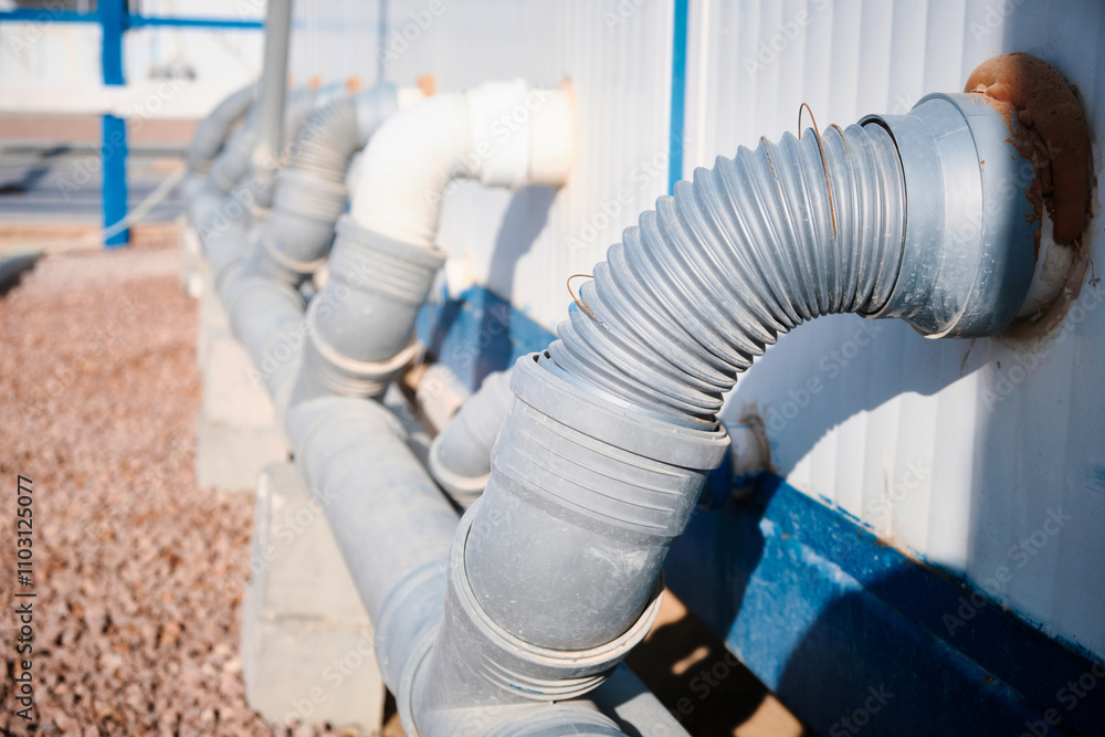Junction of plastic sewer pipes. Sewage pipeline system of industrial ...