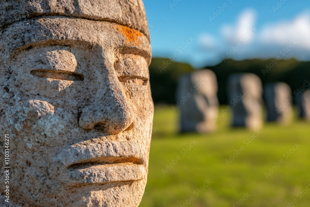 Ancient stone sculptures on grassy meadow under blue sky. Easter Island ...