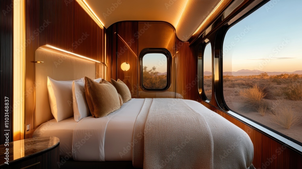 A luxurious modern train cabin features cozy furnishings and expansive ...