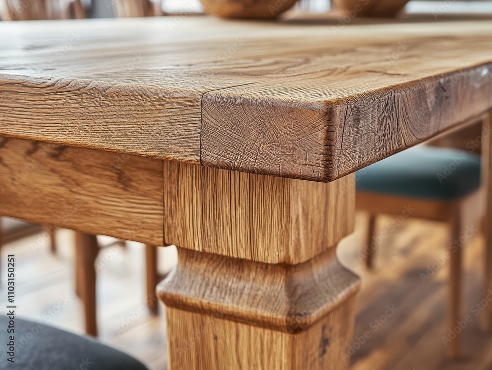 Detailed close-up of a handcrafted rustic wooden dining table with ...