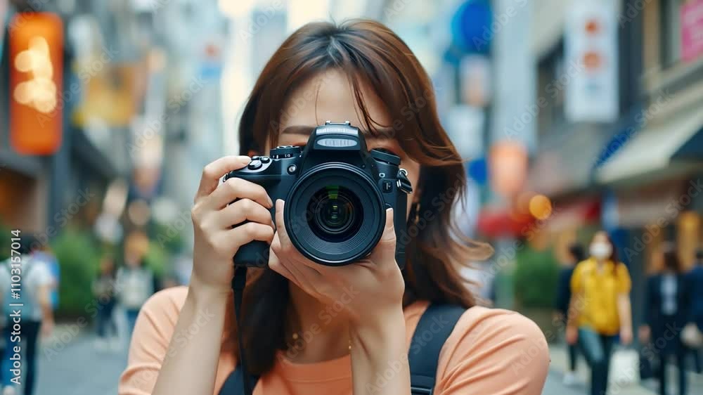 A woman capturing the city life with her camera, showcasing creativity ...