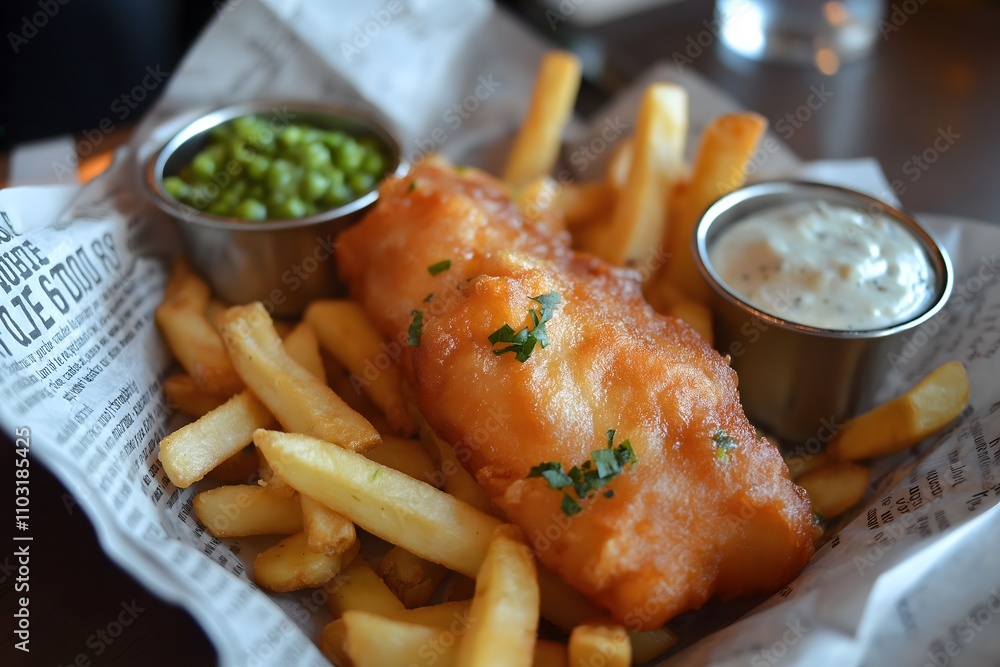 British fish and chips with golden fried cod, thick cut fries, mushy ...