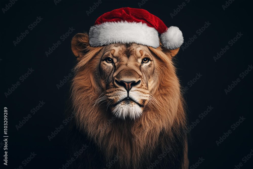 Portrait of a lion wearing a Santa hat on a solid studio background ...