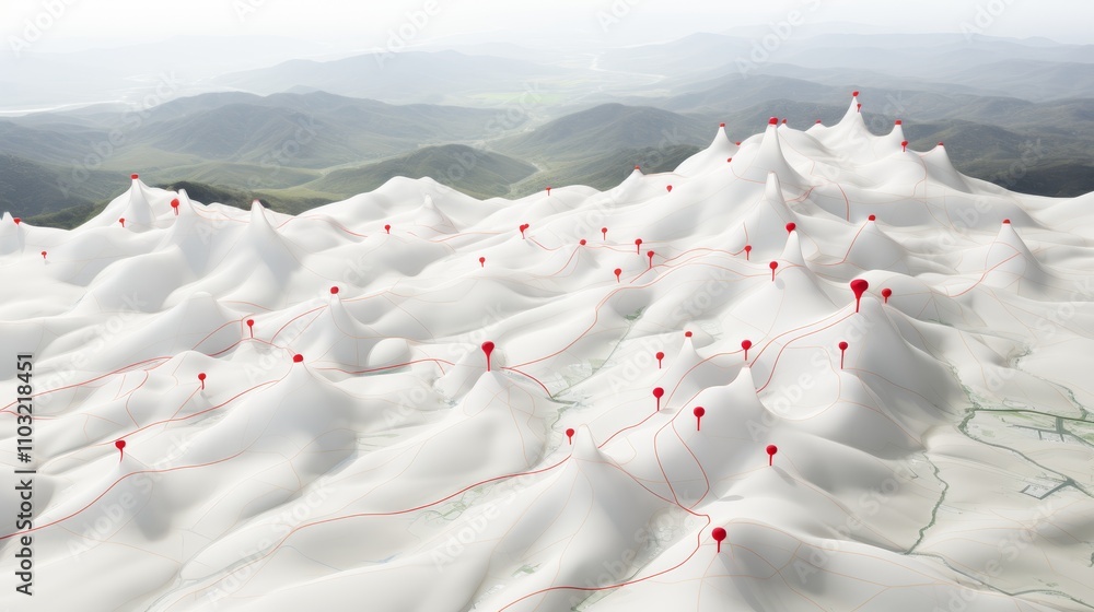 3d map featuring red location pins and network lines for gis mapping ...