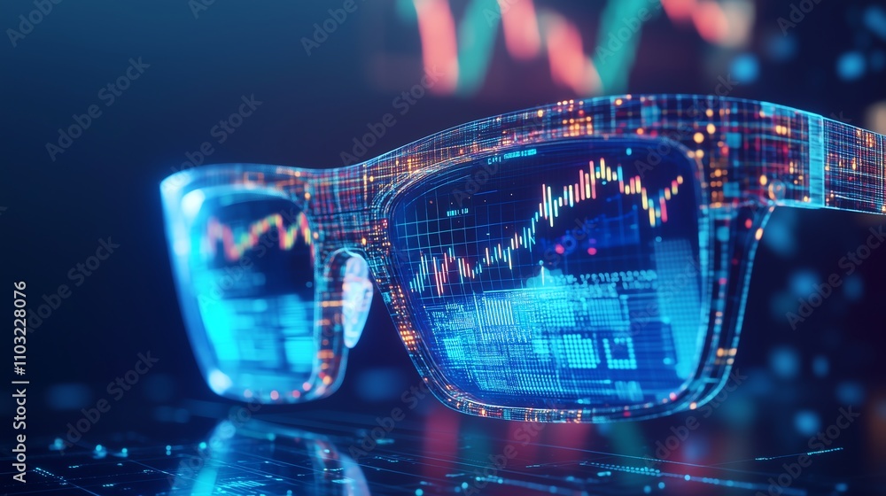 Futuristic AR glasses projecting glowing 3D financial charts and data ...