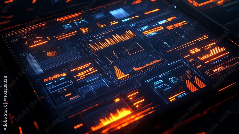 Futuristic touchscreen tablet displaying glowing bar graphs, financial ...