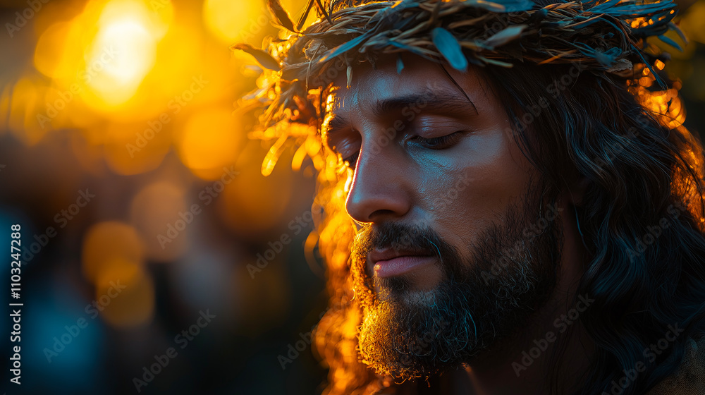 Jesus, crown of thorns and closed eyes with peaceful expression for ...