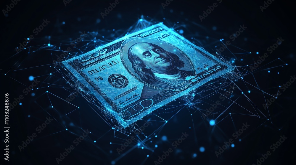 Abstract cash plus symbol on a dark blue background with low poly ...