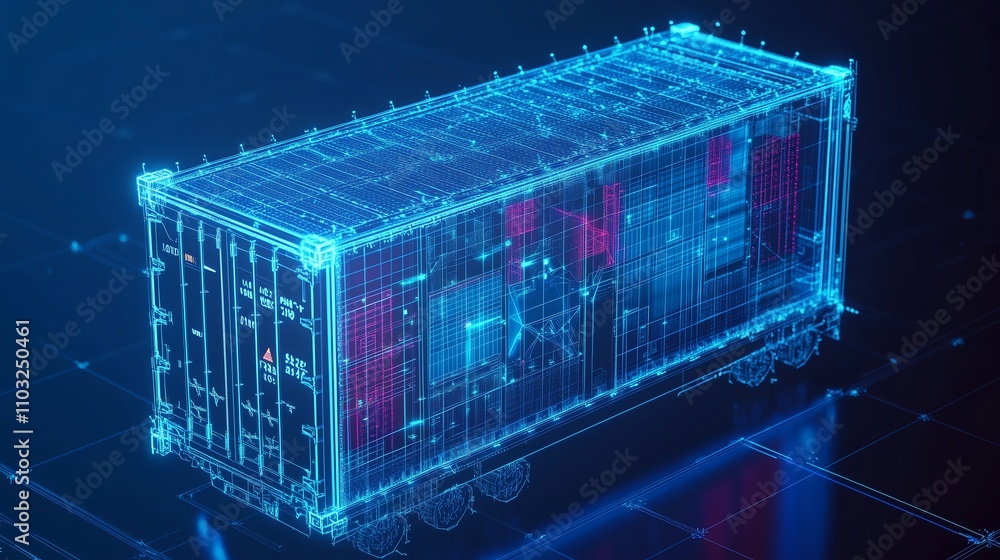 Abstract X-ray scanner analyzing freight containers, displaying glowing ...