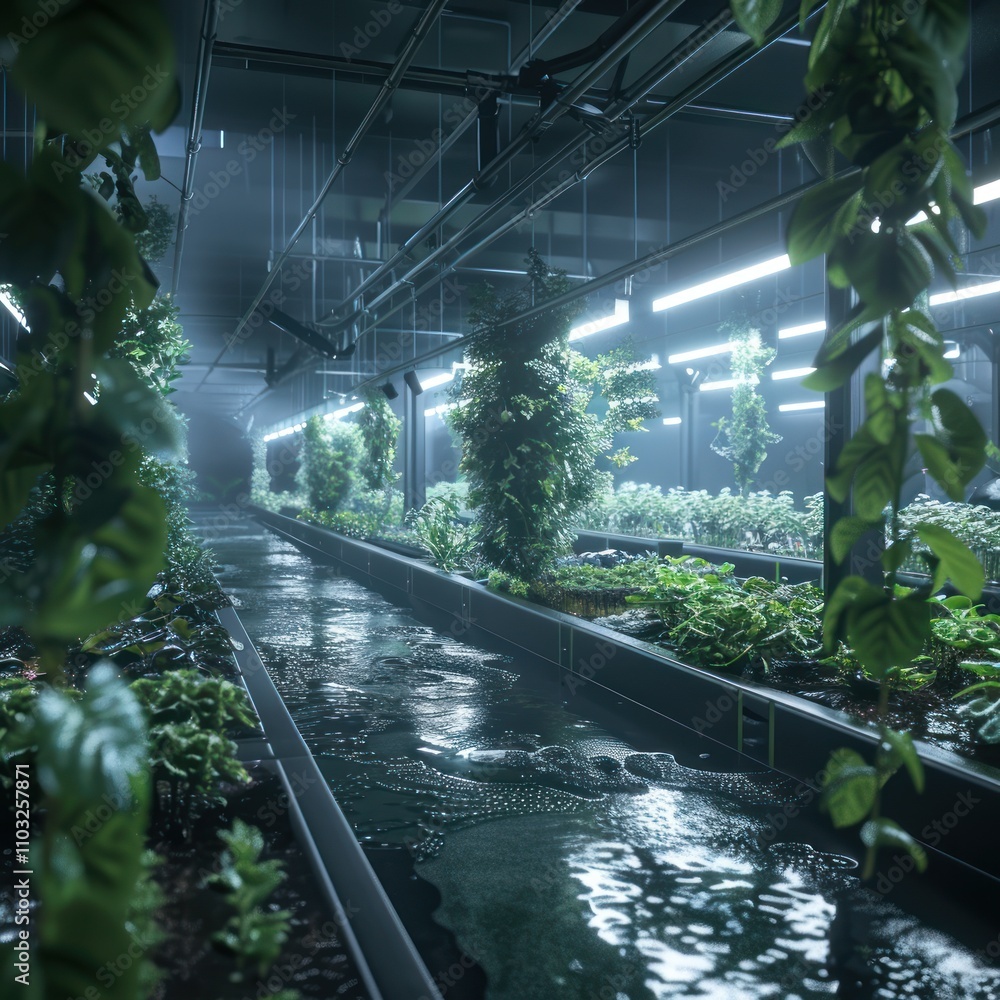 Hydroponic farming setup with nutrient-enriched water circulating ...