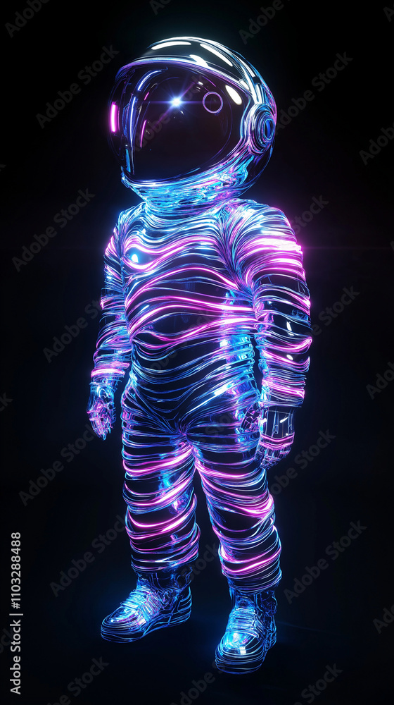 full body glowing hologramy of child humanoid robot in futuristic armor ...