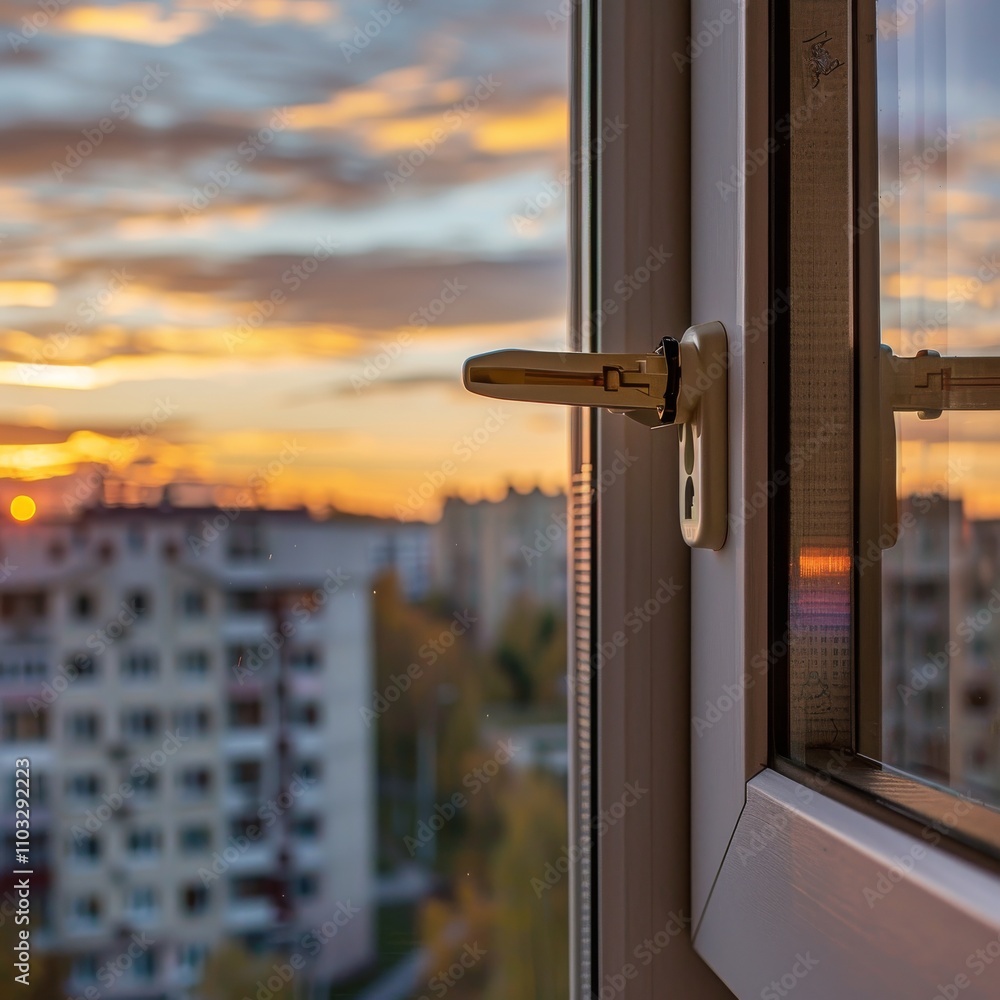Handle with a lock on window, child protecting from falling out of ...
