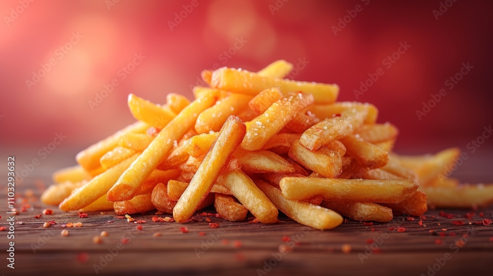 French Fries, Delicious Horizontal top view from above, red background ...
