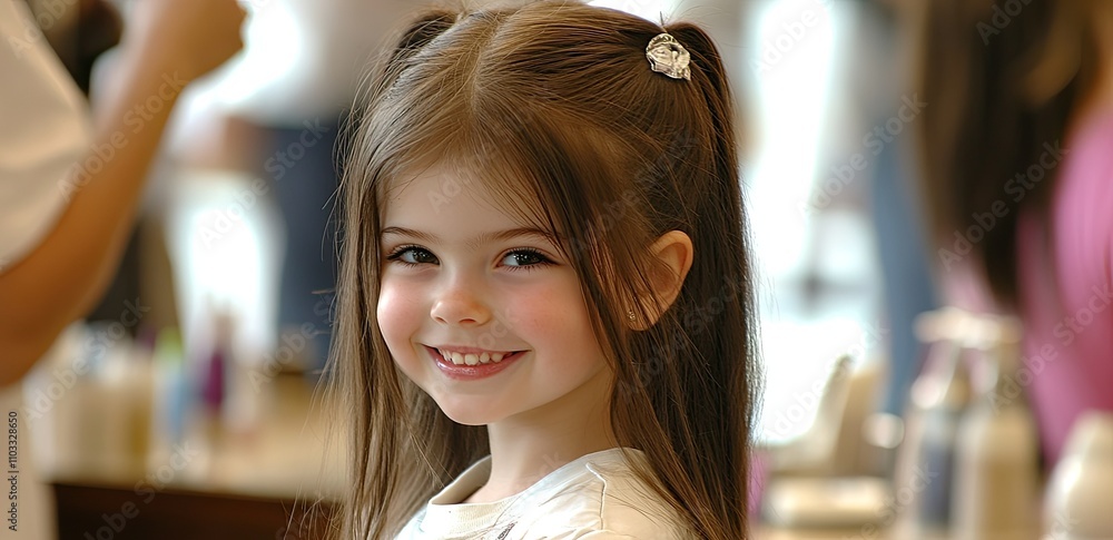 a cute young girl with long hair in a salon, getting a haircut by a ...