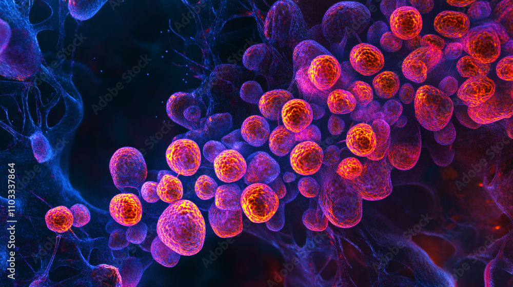 Colorful image of a virus and a web of neurons. The neurons are ...