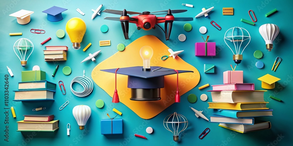 Aerial View of Educational Icons Representing Learning Concepts in a ...